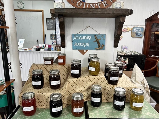 Mason jars filled with jewel-toned preserves line the shelves, each containing summer sunshine and Chesapeake flavors captured for the winter months ahead.