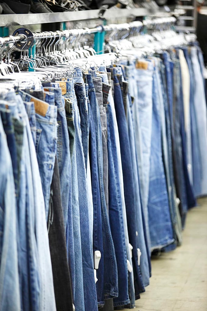 Denim heaven where every wash and style imaginable hangs ready for your perfect fit discovery. 