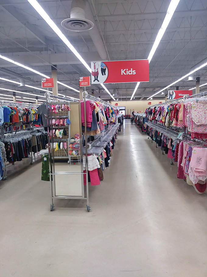 The kids' section—a rainbow road of tiny fashions where growing children can find new-to-them outfits without breaking the family budget.