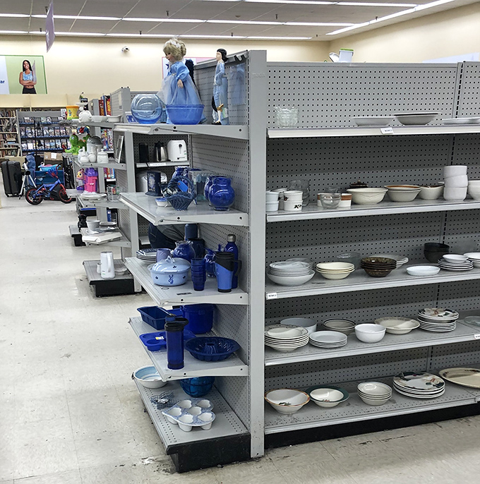 The dishware aisle – where blue-themed collections meet practical pottery, all priced so low you'll forgive the occasional chip.