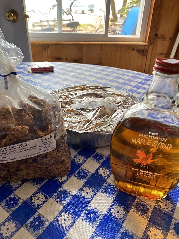 A classic blue checkered tablecloth, homemade granola, and pure Michigan maple syrup—the holy trinity of country breakfast perfection.