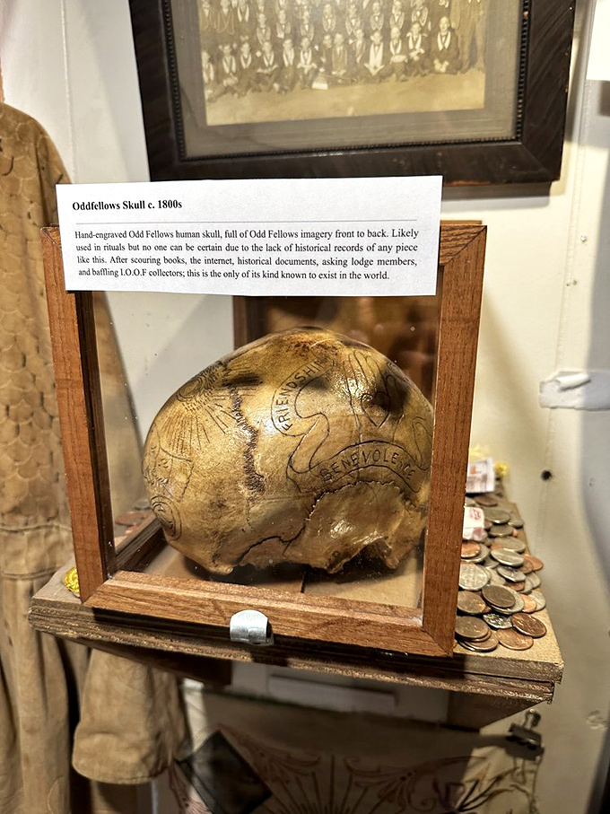 This hand-engraved Odd Fellows human skull from the 1800s proves that secret societies had much cooler membership cards than your local grocery store.