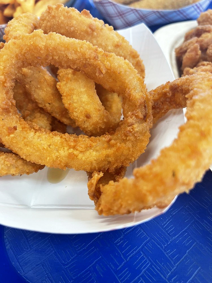 Onion rings that could double as golden bracelets—each one a perfect circle of sweet onion wrapped in crispy batter that shatters with satisfying crunch.