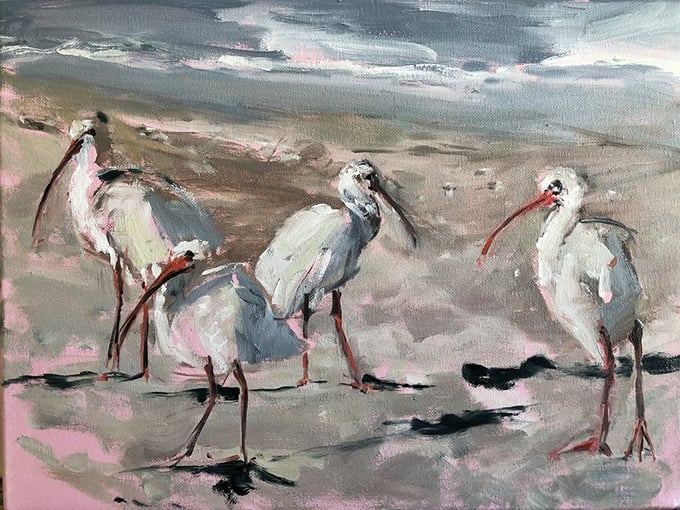 Florida's iconic ibis captured in brushstrokes that dance between impressionism and whimsy—art that brings the outdoors in.