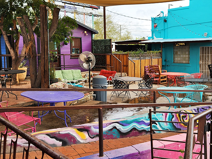 Color therapy you can sit on! Novel's outdoor seating area is as vibrant as their ice cream—a rainbow explosion in Phoenix's urban landscape.