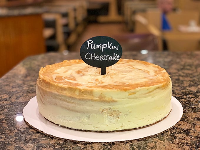 Pumpkin cheesecake that doesn't wait for fall to be fabulous. That swirled top is practically hypnotizing diners into ordering dessert first.
