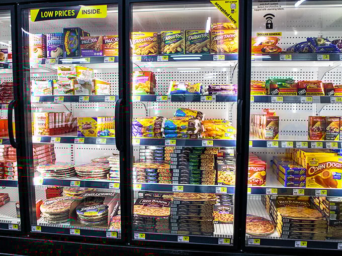 Frozen pizzas and ice cream sandwiches behind glass doors – like a museum of comfort food just waiting to be liberated.