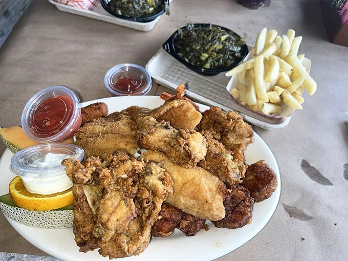 A platter that requires both hands and a strategy—fried seafood perfection that makes you grateful for elastic waistbands.