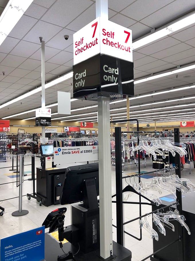 Self-checkout station #7 stands ready for your haul—the finish line where victory means walking out with treasures at pennies on the dollar.