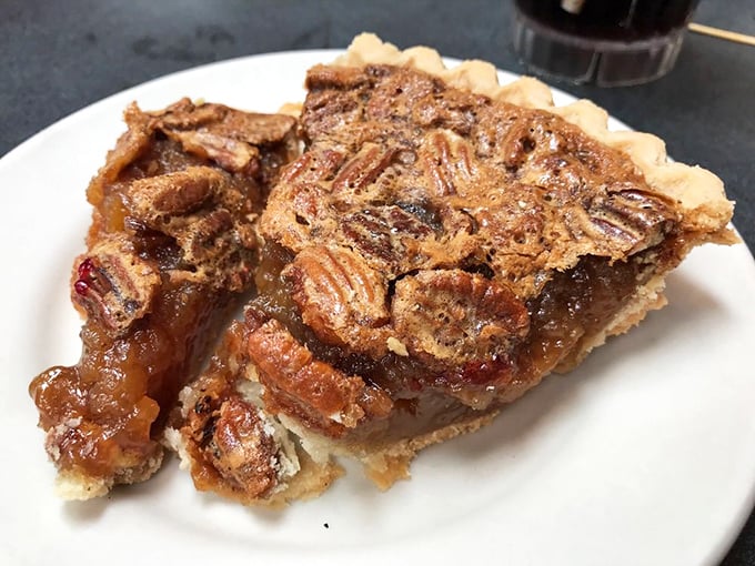 Southern pecan pie where the nuts form a beautiful mosaic atop caramel filling. Architecture you can eat with a satisfying crunch.