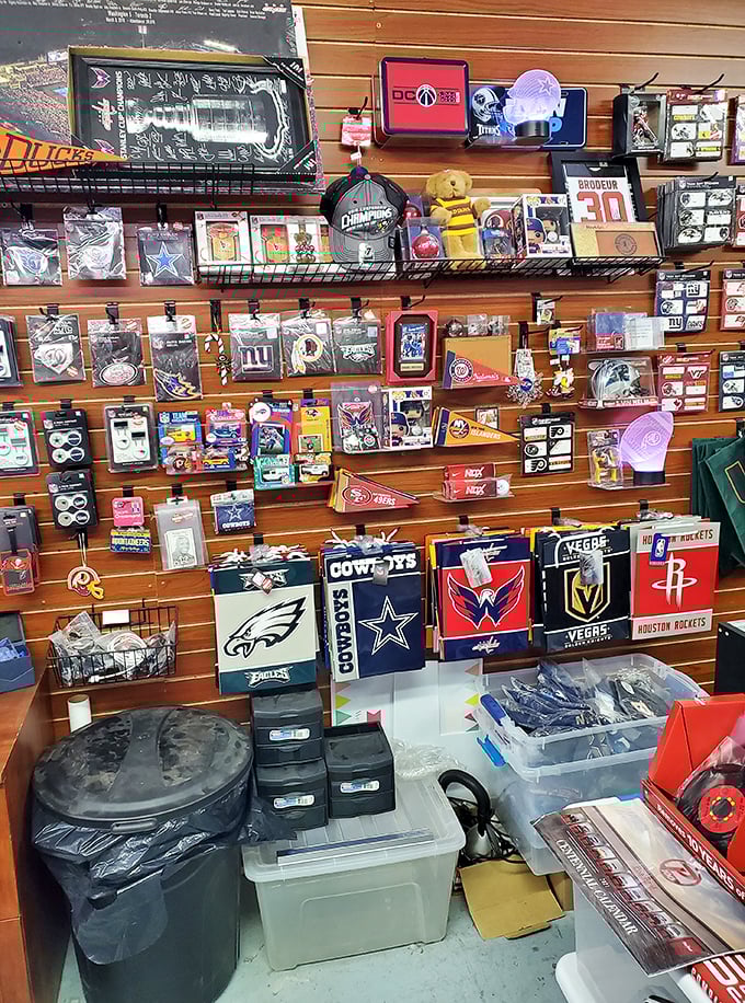 Sports memorabilia mecca where team rivalries temporarily cease. Eagles fans and Cowboys supporters stand shoulder to shoulder, united by the thrill of the find.