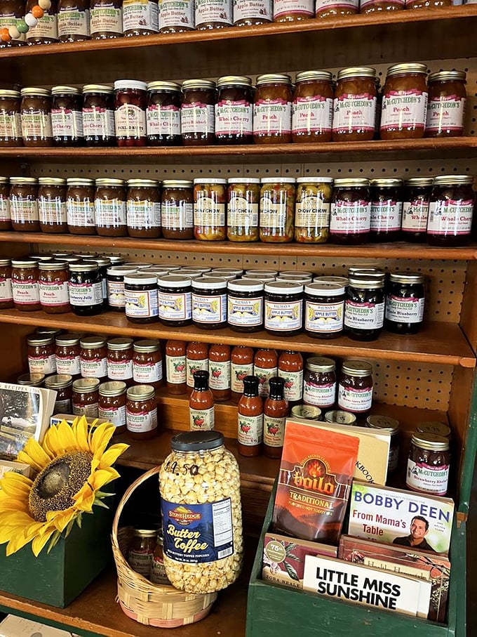 A treasure trove of Pennsylvania Dutch preserves and jellies—jars of sunshine waiting to brighten your morning toast.