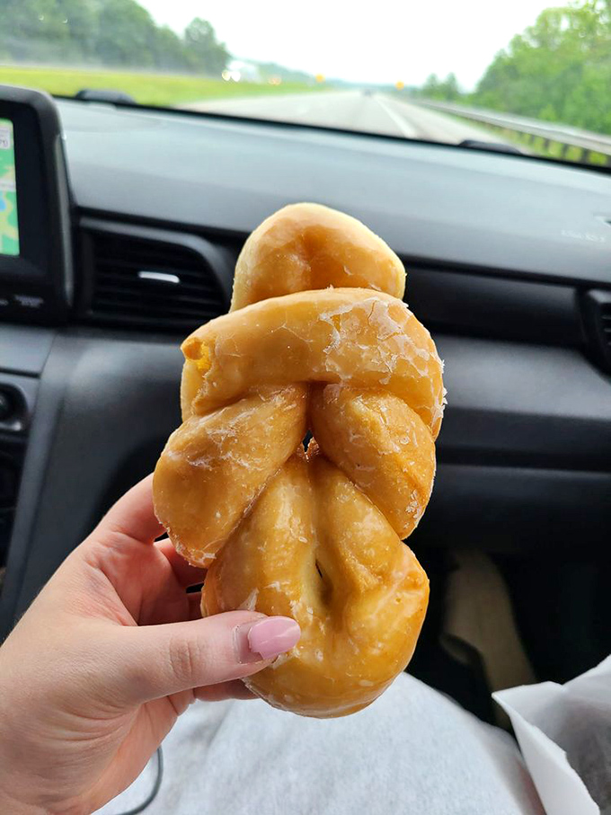 Road trip essential: a twisted donut enjoyed against the backdrop of highway adventures—some treasures are best savored while in motion.
