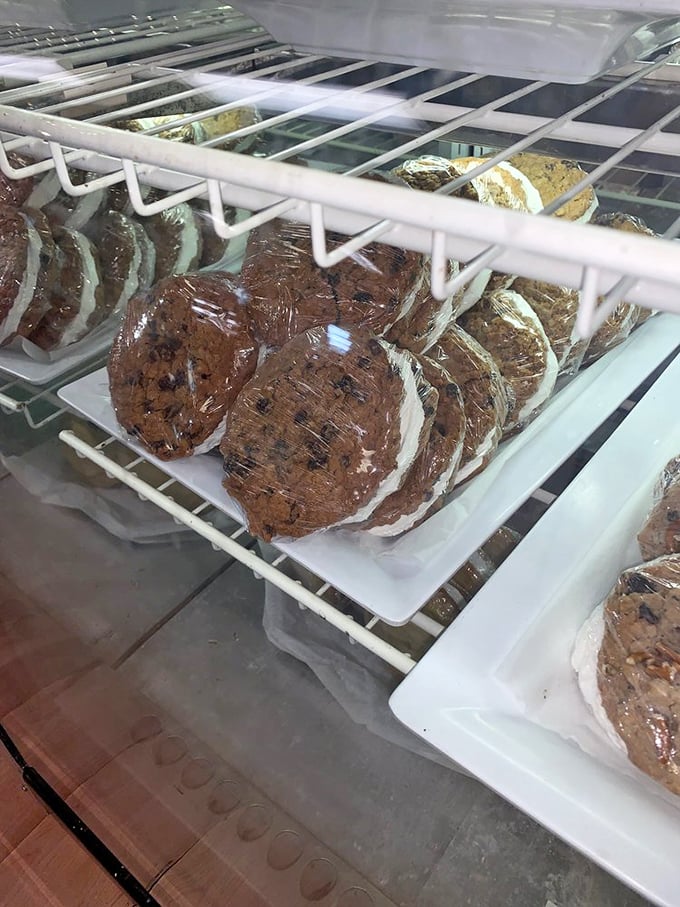 The display case reveals layers of temptation that would challenge even the strongest willpower. Diet plans come here to die gloriously.