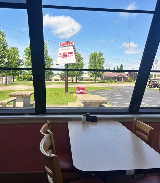The view from your table: a slice of small-town America framed perfectly by those signature windows. Diner zen at its finest.