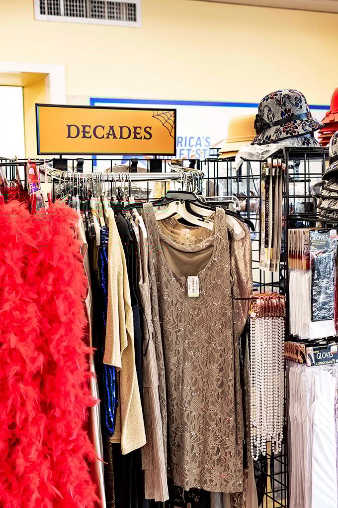 The "Decades" display offers elegant lace dresses and feather boas, perfect for your next themed party or everyday glamour.