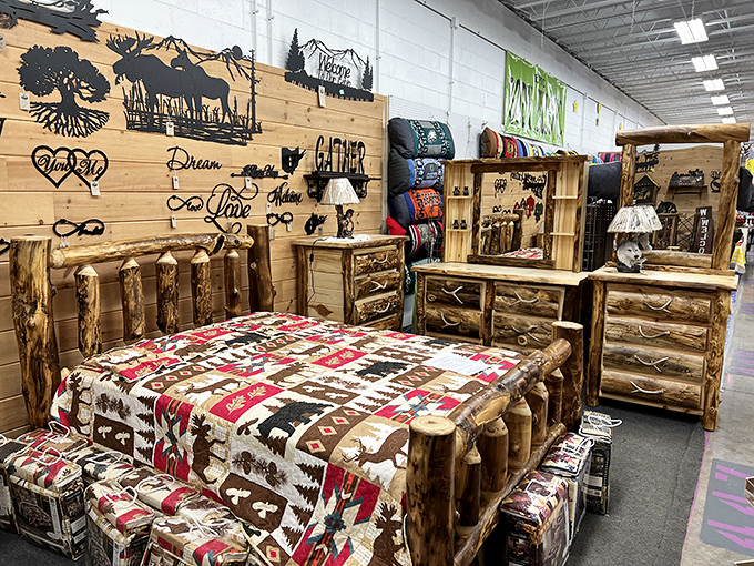 Rustic log furniture showcases woodland craftsmanship, perfect for those who want their bedroom to feel like a luxury mountain retreat.