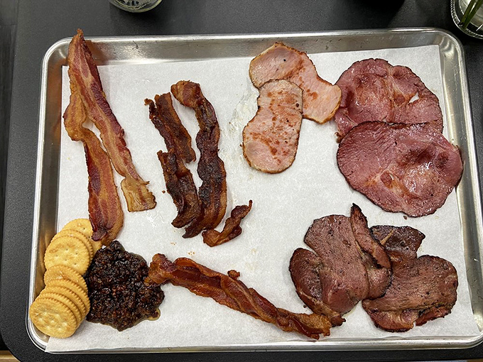 The bacon sampler tray—where pork becomes art and breakfast dreams come true, with varieties to satisfy every bacon personality in your life.
