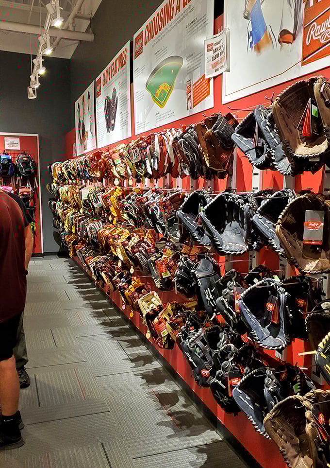 Baseball glove heaven—where every mitt tells a story waiting to happen and fathers instinctively start talking about their glory days.