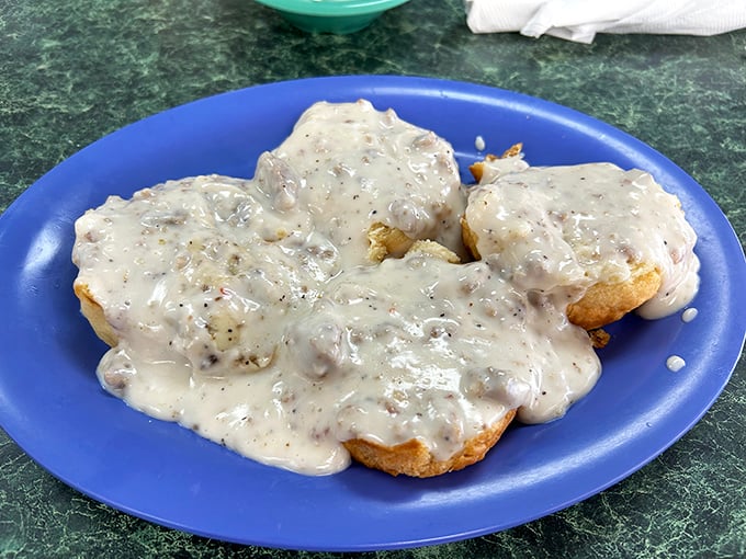 Biscuits swimming in creamy sausage gravy—the breakfast equivalent of a warm hug from your favorite aunt who always sneaks you extra dessert.