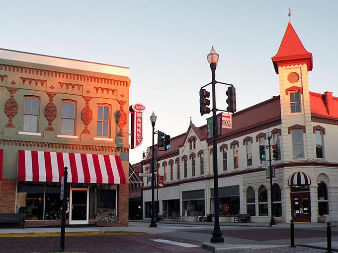 Sunset casts a golden glow on Newberry's distinctive architecture, where Victorian charm meets small-town practicality in perfect harmony.