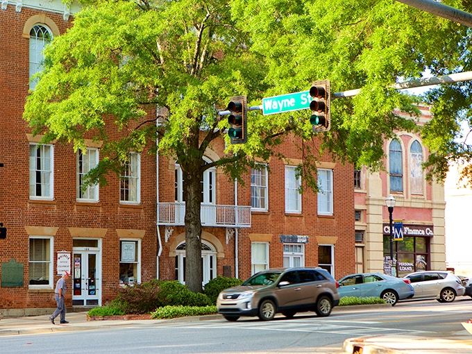 Historic brick buildings frame Wayne Street, where Milledgeville's architectural heritage isn't preserved behind velvet ropes but lives on as functional, beautiful spaces.