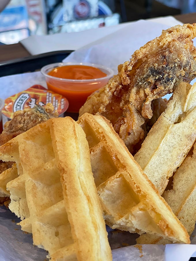 Chicken and waffles: breakfast meets dinner in the delicious culinary diplomacy that proves opposites really do attract, especially when fried.