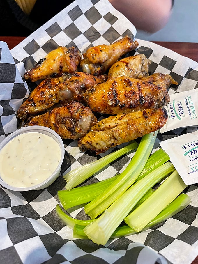 Wings that have clearly been introduced to fire and flavor in equal measure. That side of ranch isn't just a condiment—it's a cooling companion.