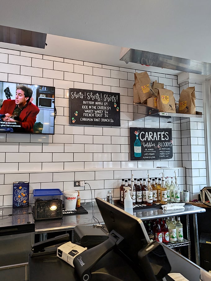 Where breakfast magic happens. The wall menu of "Shots! Shots! Shots!" proves they understand both college students and their visiting parents equally well.