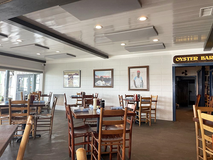 Clean white walls, wooden chairs, and an "Oyster Bar" sign that gets straight to the point. No distractions from the seafood star of the show.