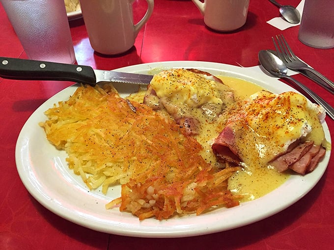 Eggs Benedict with hashbrowns that could make a food critic weep. Hollandaise sauce applied with the precision of a Swiss watchmaker.