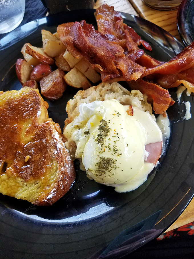 Breakfast perfection on a plate – where crispy meets creamy and savory meets sublime. Worth setting an alarm for.