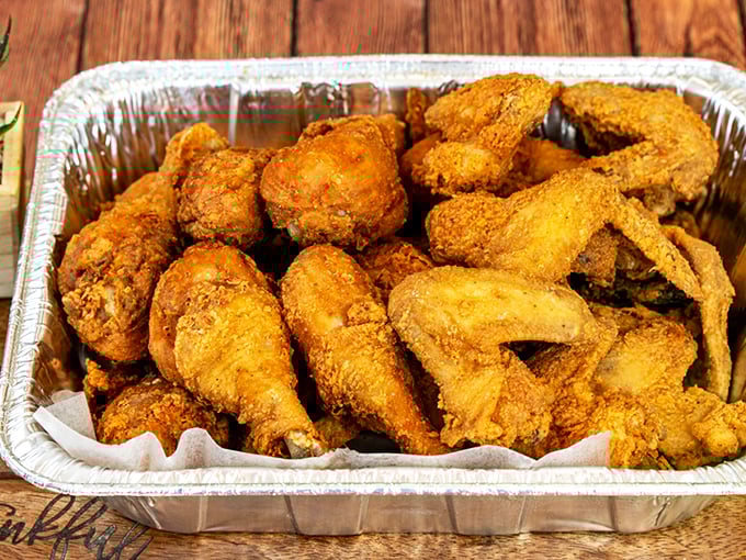 Another aluminum container of happiness. This chicken doesn't need fancy plating—it lets the golden, crispy perfection do all the talking.