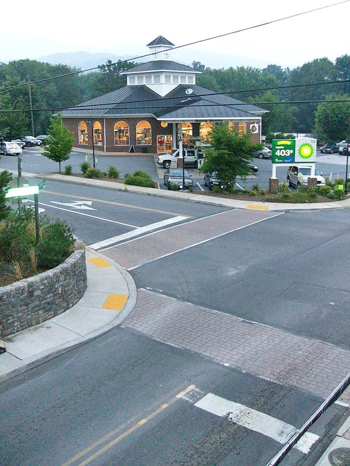 This isn't just a gas station—it's an architectural statement with its octagonal design and mountain backdrop. Filling up never looked so picturesque.