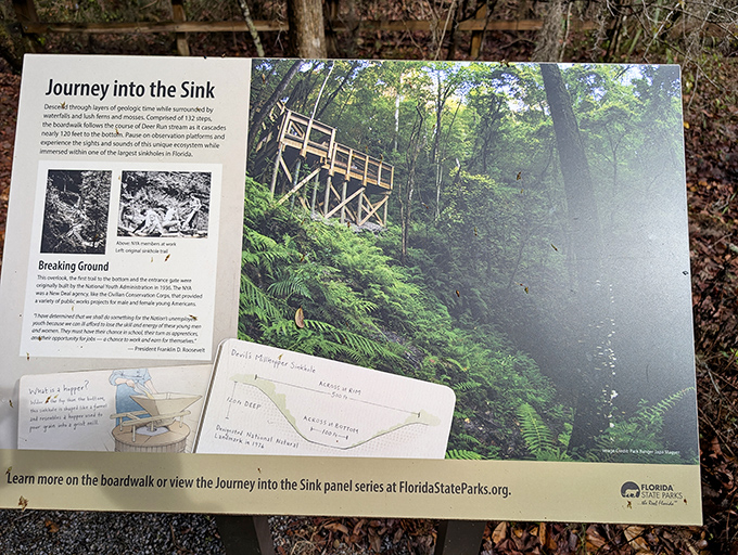 Educational signage explains how this massive hole formed, proving that sometimes the most interesting stories are about what isn't there anymore.