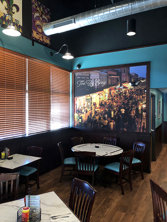 That New Orleans street scene mural isn't just decoration—it's foreshadowing for the flavor parade about to march across your taste buds.
