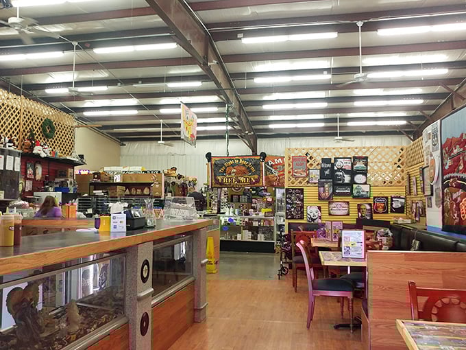 The interior stretches like a highway itself, with vendor booths creating neighborhoods of collectibles under the watchful gaze of fluorescent lights.