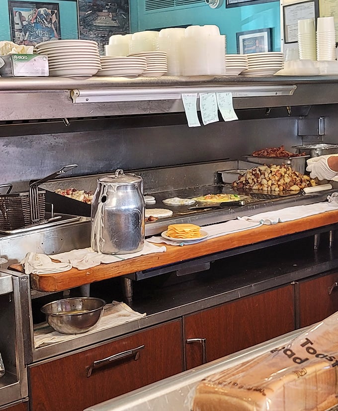 Behind the scenes where breakfast dreams come true—the grill station loaded with all the fixings for your morning masterpiece.