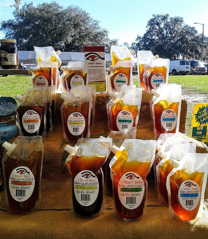 Local honey in its natural habitat—the flea market. Each pouch contains Florida's floral autobiography, written by thousands of industrious bees.