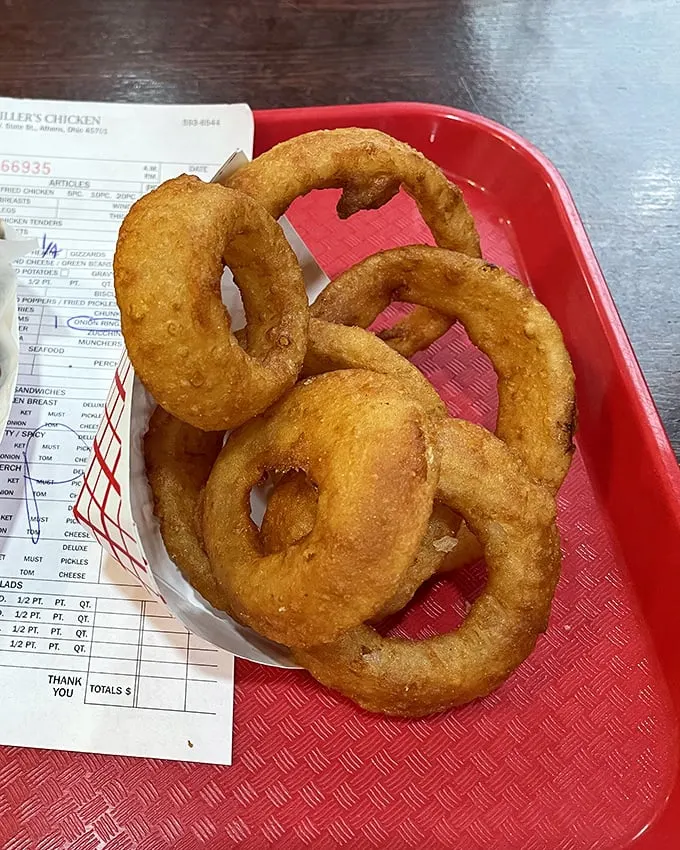 Onion rings with the structural integrity of Olympic gymnastics—crispy, golden hoops that somehow manage to be both delicate and substantial.