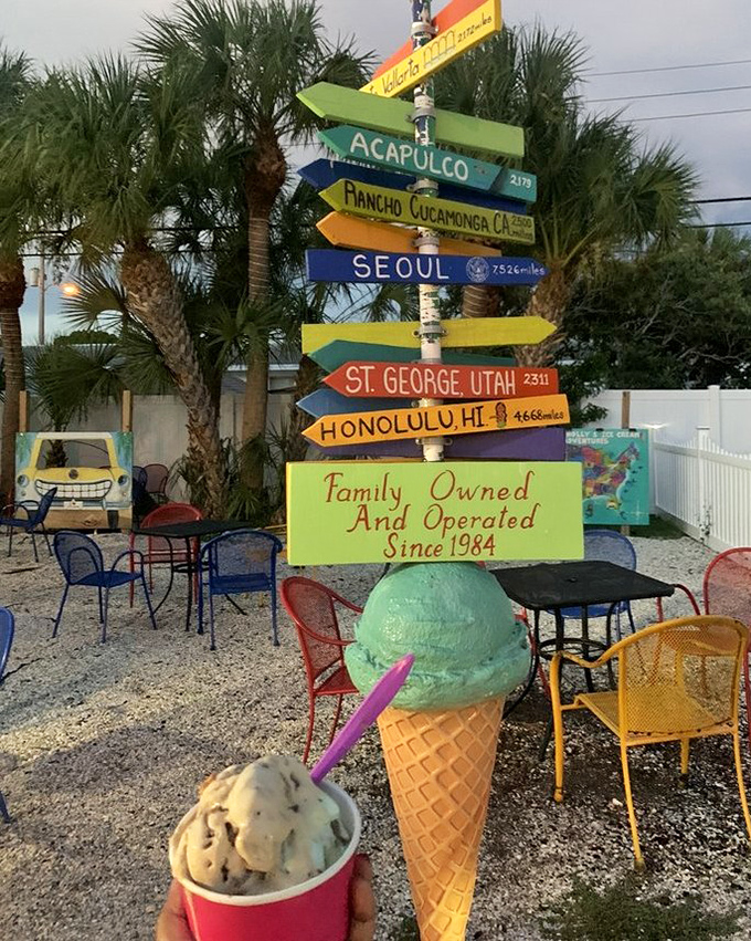 Colorful directional signs and mint ice cream—proof that sometimes the journey and destination can both be sweet.