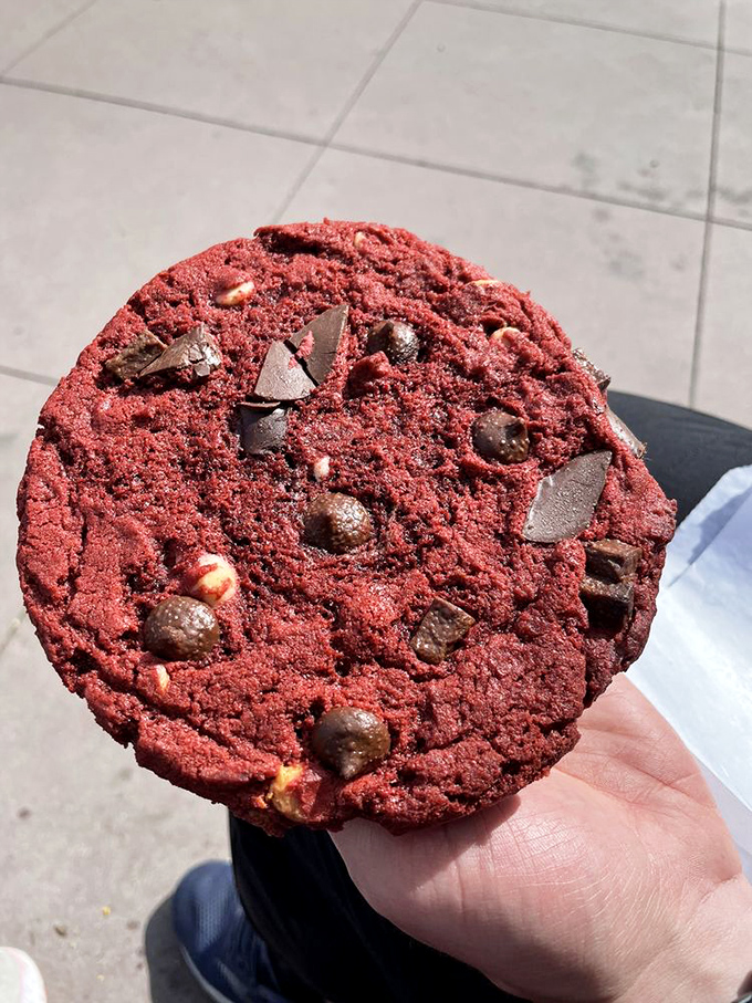 Red velvet cookie with chocolate chunks—proof that cookies, like fine wine and your favorite jeans, only get better with age and a few extra ingredients.