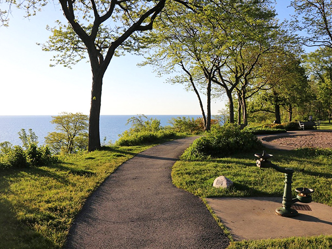 The path winds through lush greenery above the beach. Nature's perfect frame for Lake Michigan views, no Instagram filter required.