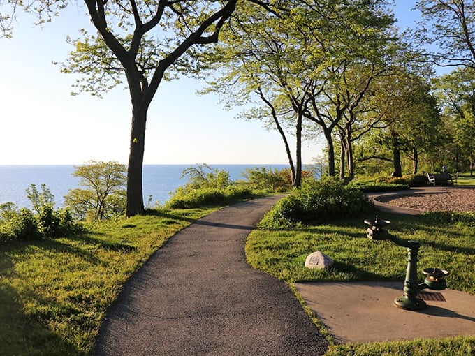 The path winds through lush greenery above the beach. Nature's perfect frame for Lake Michigan views, no Instagram filter required.