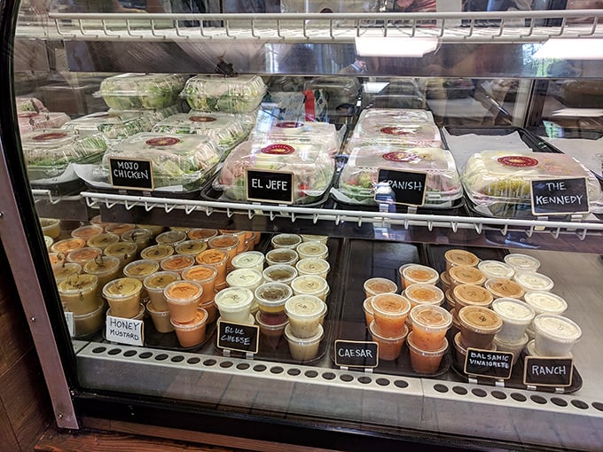 Pre-packaged salads and dressings for the virtuous visitor. Consider them supporting actors in the blockbuster that is your Cuban sandwich experience.