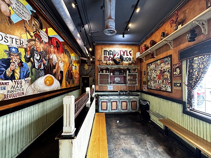 The waiting area's whimsical artwork suggests this isn't just a restaurant—it's breakfast theater with you as the appreciative audience.