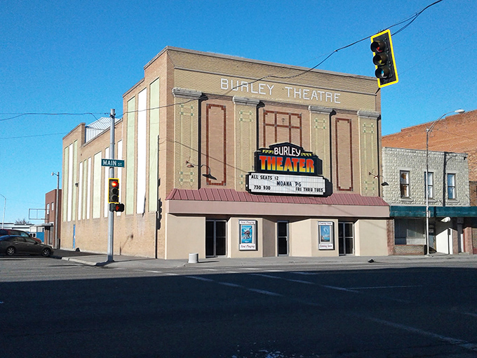 Burley's classic theater marquee lights up a downtown where entertainment costs won't eat into your fixed income.