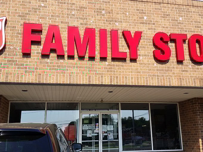 The Salvation Army's iconic red lettering stands out against brick walls that have witnessed countless donation drop-offs.