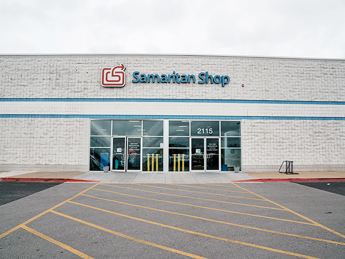 The Samaritan Shop's clean lines and modern facade hide a wonderland of pre-loved treasures waiting to be discovered.