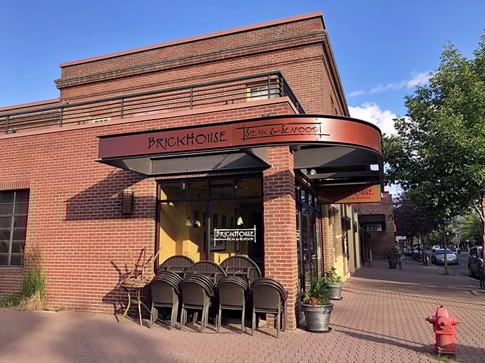 The curved entrance of Brickhouse welcomes you to a steak experience that balances sophistication with Bend's laid-back mountain town vibe.